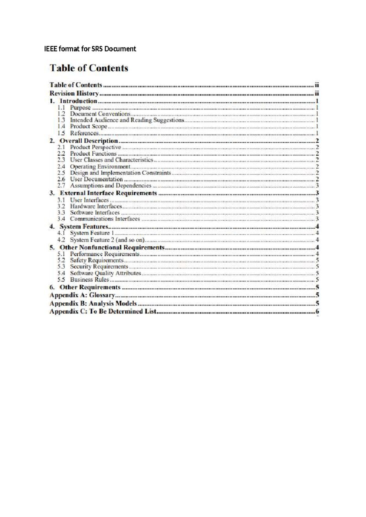 IEEE Format for SRS Document: Table of Contents and Guidelines - Studocu