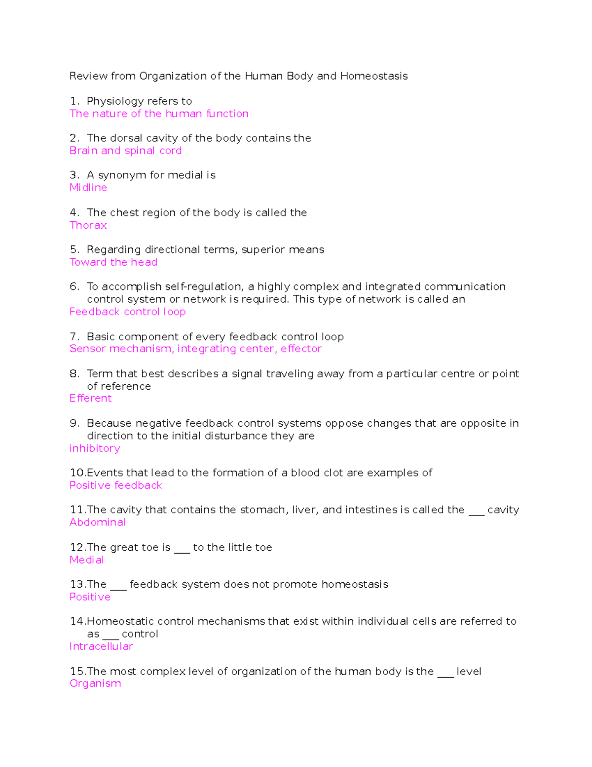 A&P Review from Organization of the Human Body and Homeostasis - Review ...