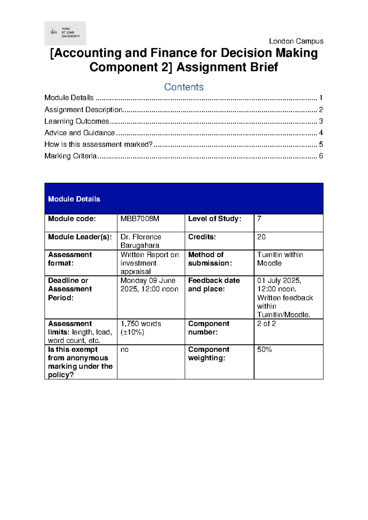 [MBB7008M] London Campus Investment Appraisal Case Study Assignment ...