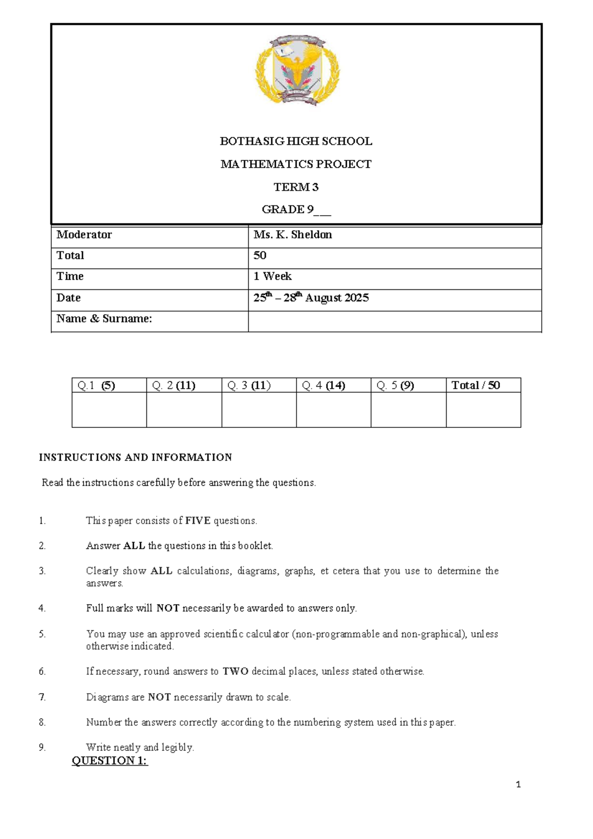 Final Mathematics Project - Grade 9 - Term 3 - 2025 - Studocu