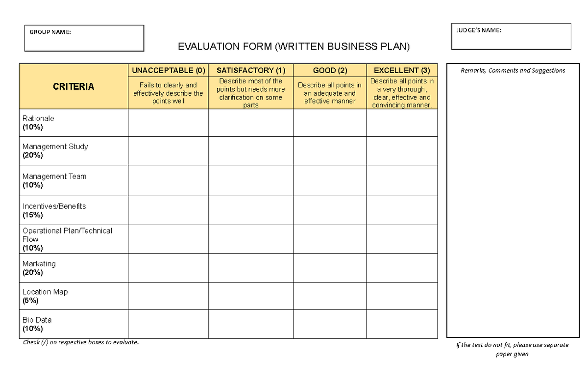Evaluation Form for Written Business Plan - Criteria & Judging - Studocu