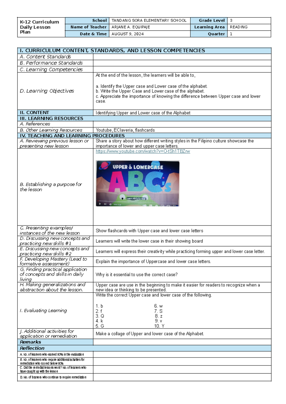 Grade 3 DLP Reading Lesson Plan: Understanding Upper and Lower Case ...