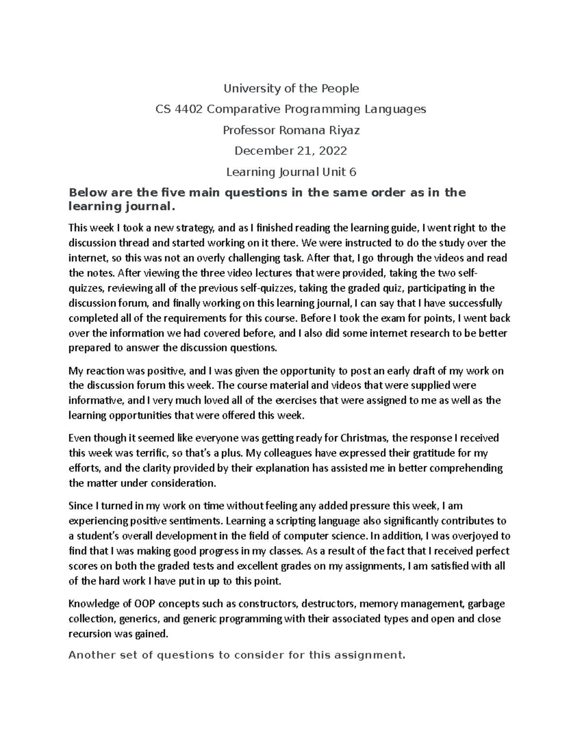 CS 4402 - Learning Journal Unit 6 - University of the People CS 4402 ...