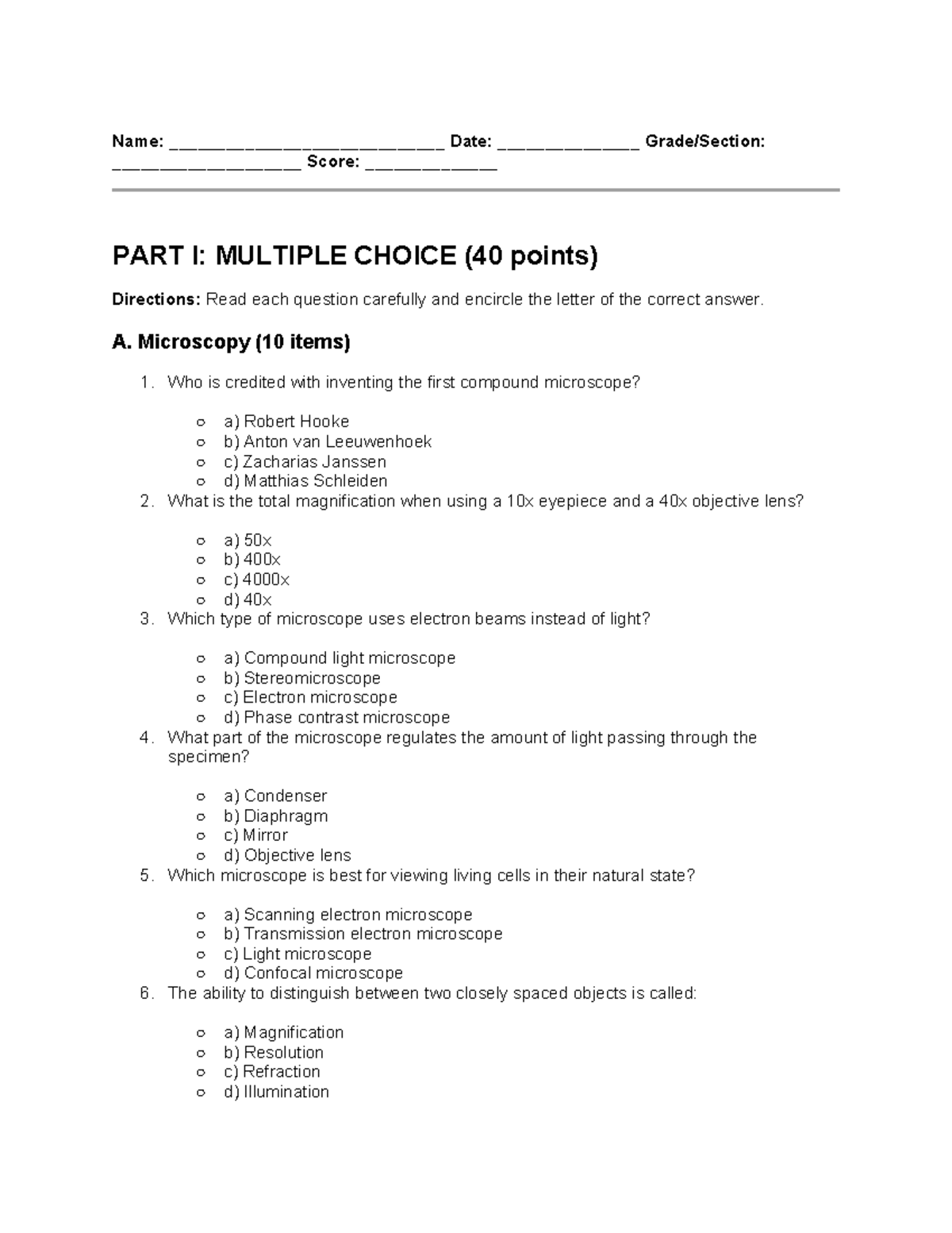 Science - Unit 1 - Comprehensive Exercise: Cell Biology Quiz - Studocu