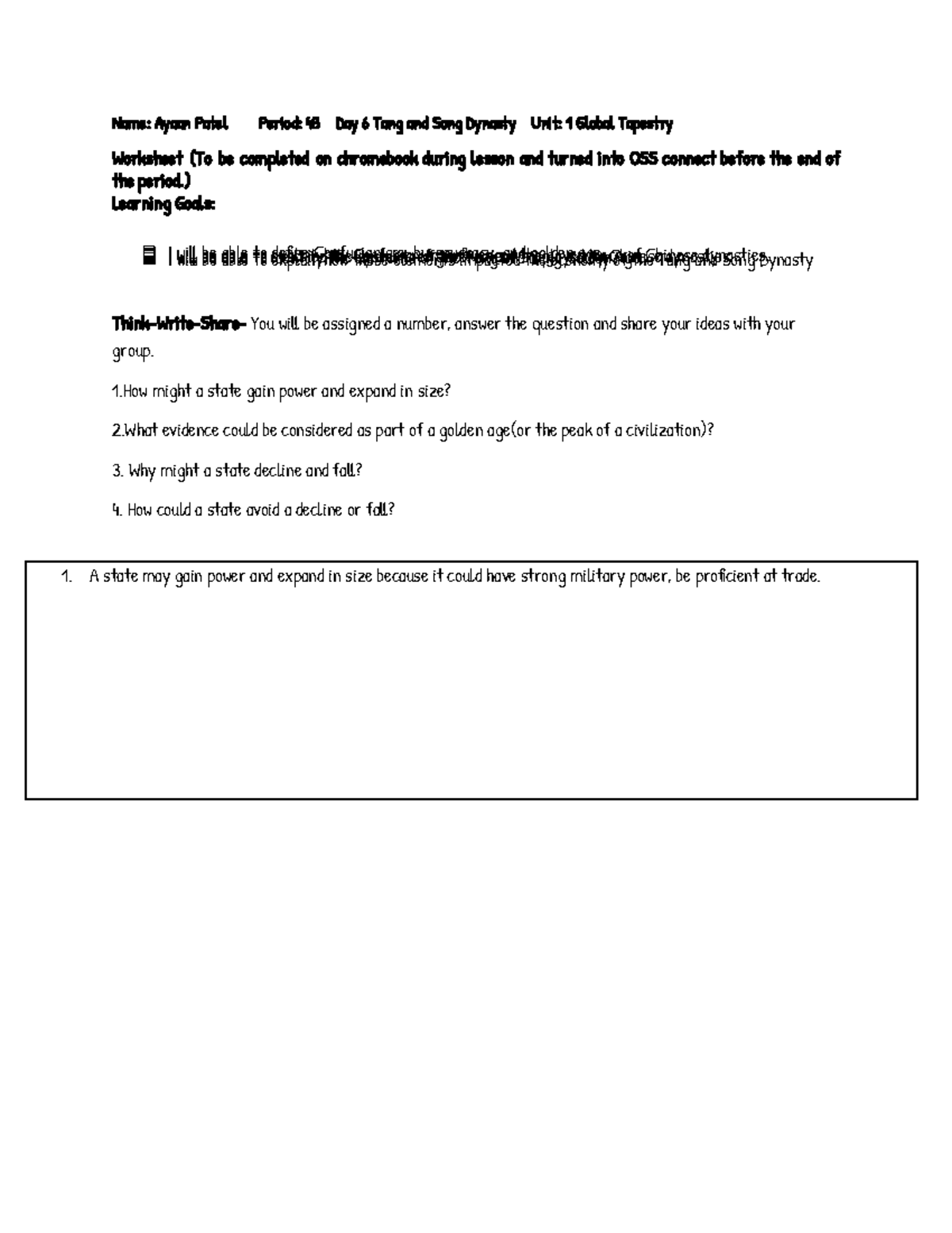 Day 6 Unit 1 Tang and Song Dynasty Worksheet - Ayaan Patel - Studocu
