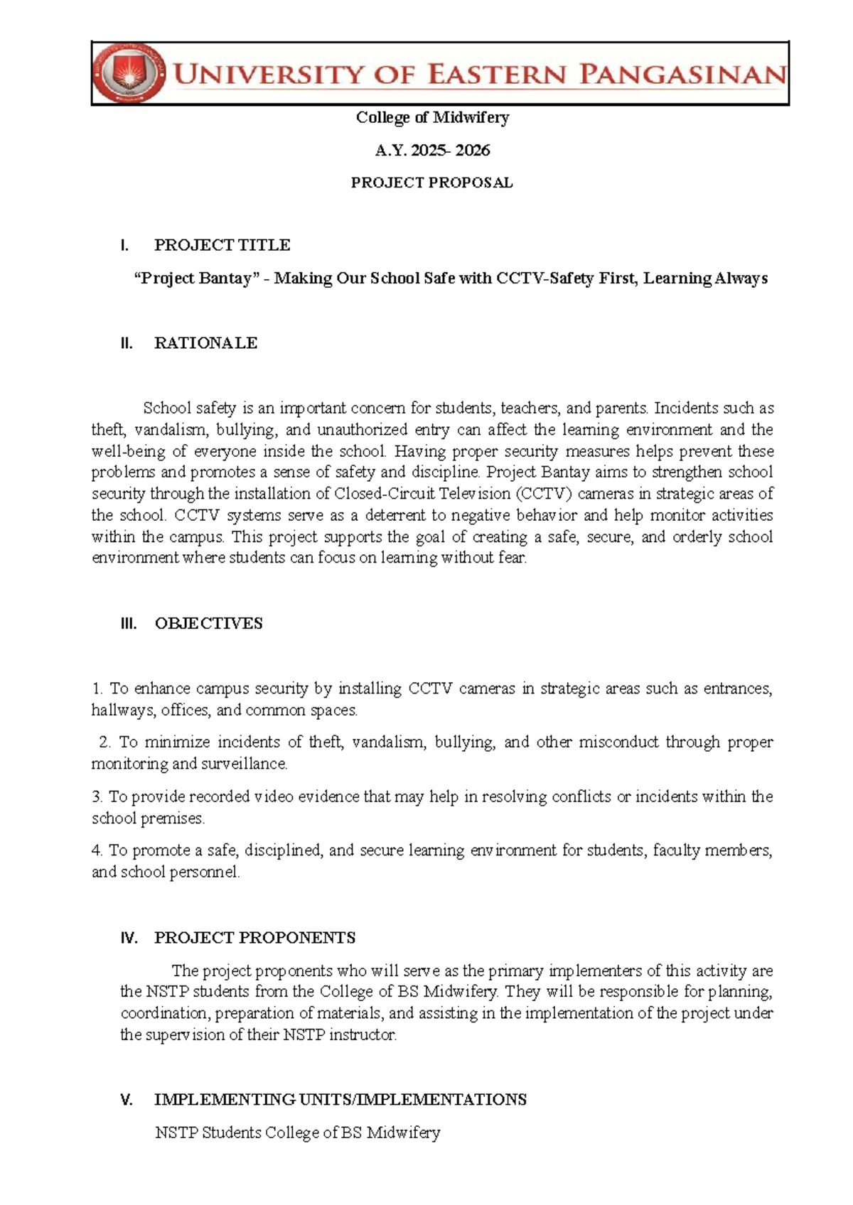 CCTV Installation Proposal for School Safety - College of Midwifery A.Y ...