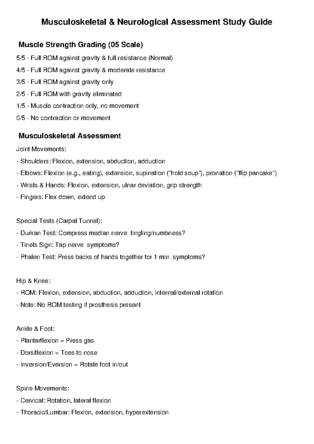 Musculoskeletal & Neurological Assessment Study Guide (Final Exam ...