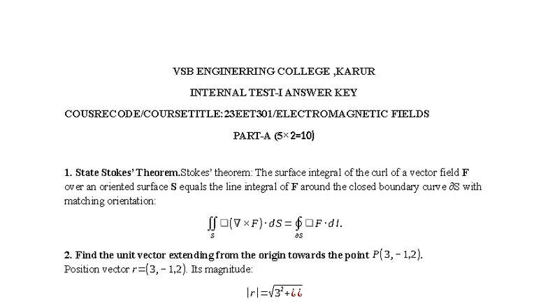 EMF ANS - VSB Engineering College Internal Answer Key - Studocu