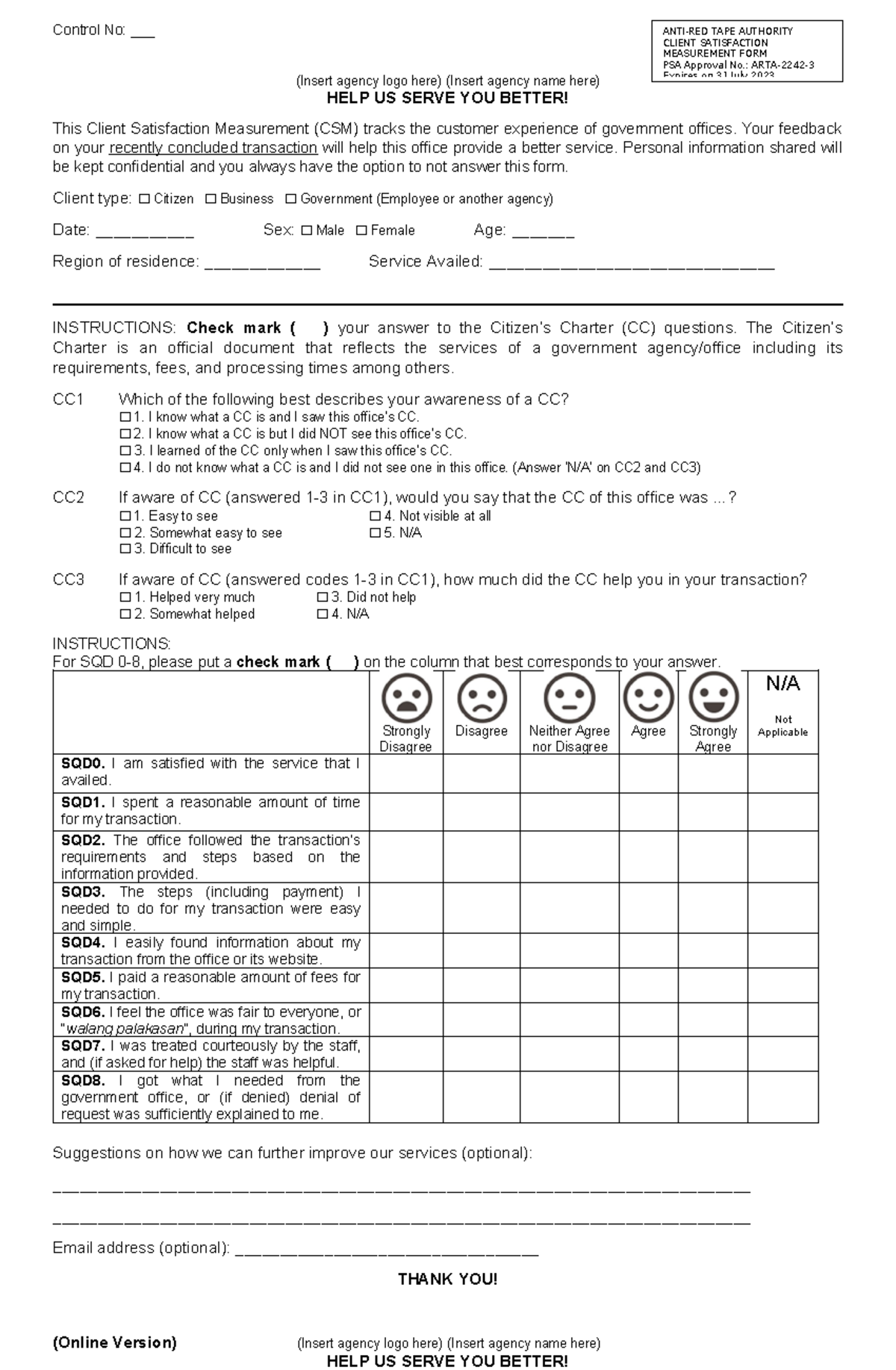 ARTA-MC-2022-05 Client Satisfaction Measurement Form - Studocu