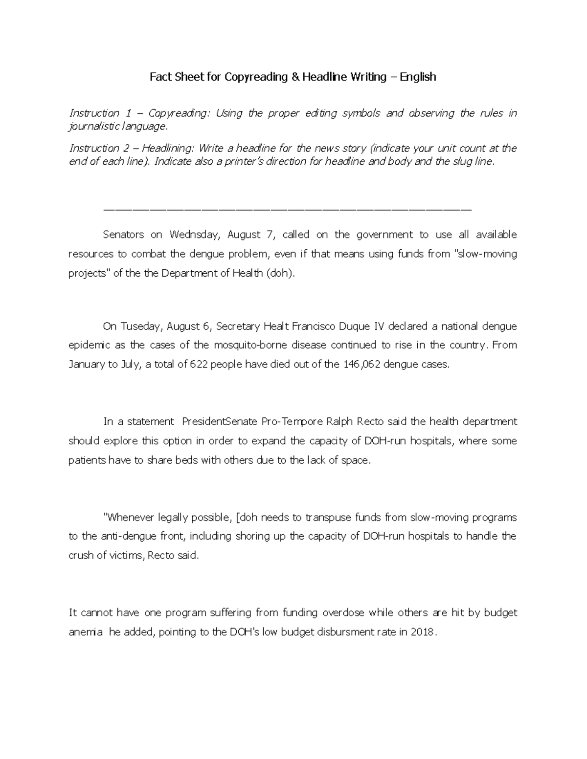 Copy Reading Practice: Editing & Headlining Techniques for English - Studocu