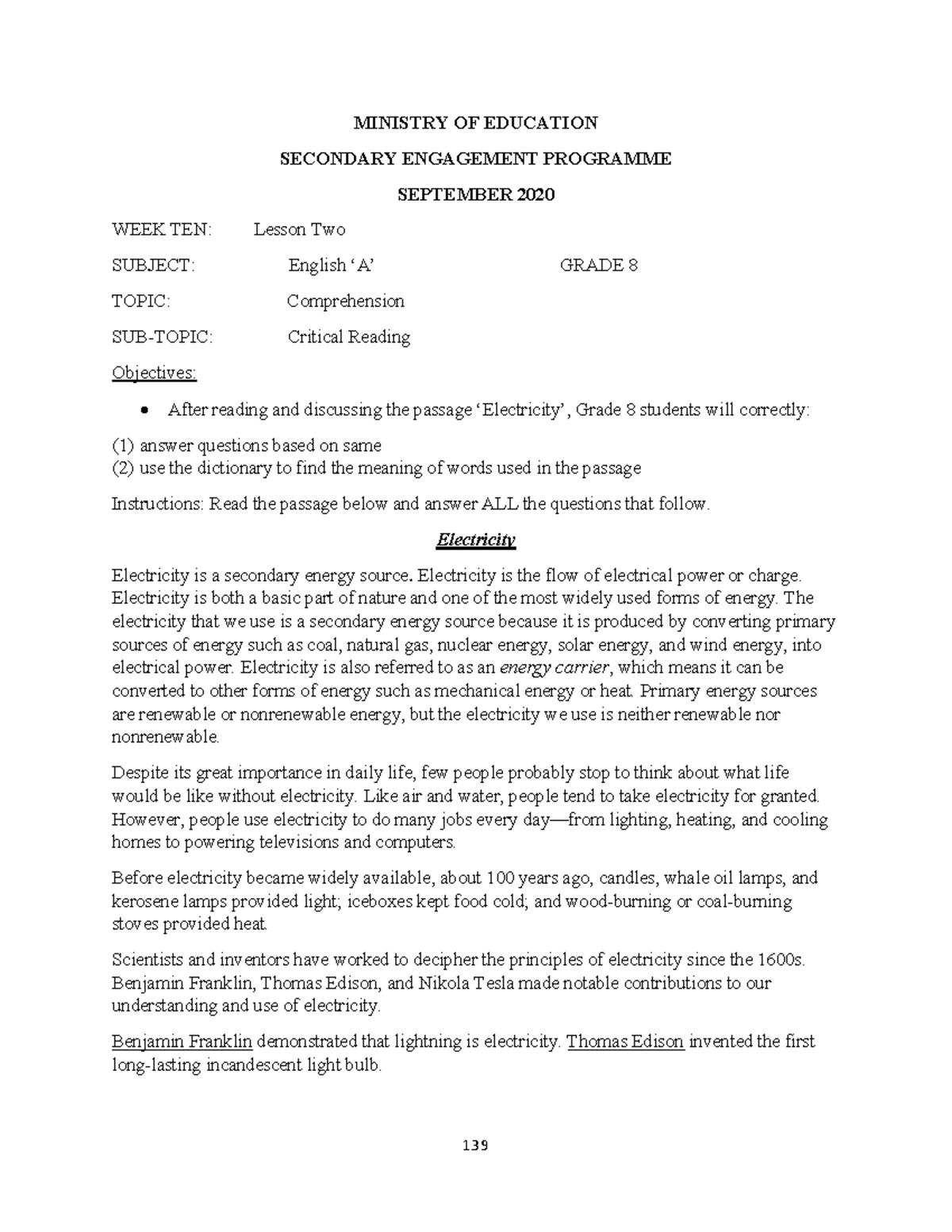 Grade 8 English Week 10: Comprehension on Electricity - Studocu