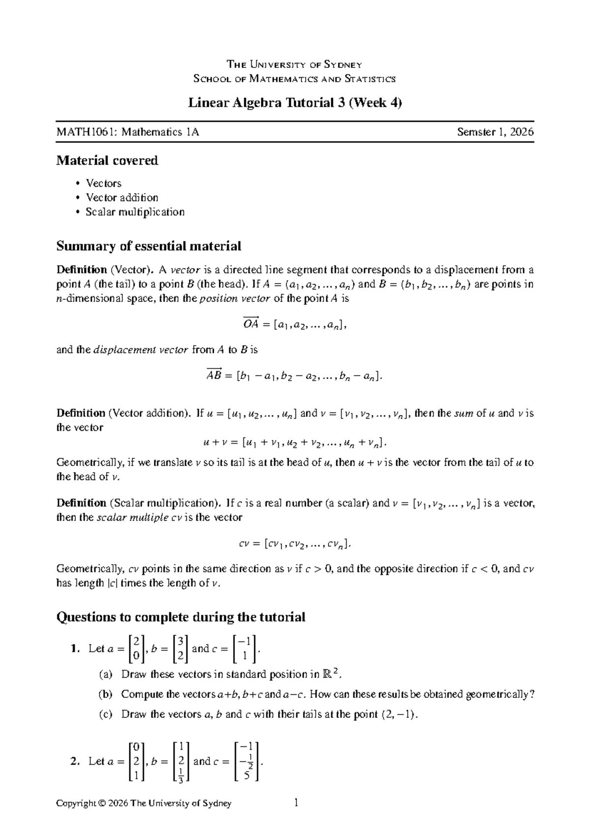 MATH1061: Linear Algebra Tutorial 3 (Week 4) Summary and Exercises ...
