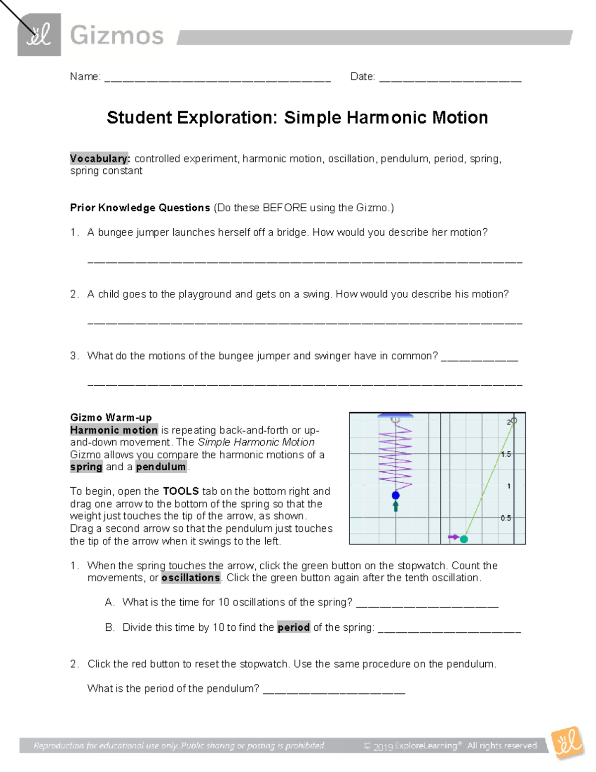 Simple Harmonic Motion Exploration with Gizmo - Student Activities - Studocu
