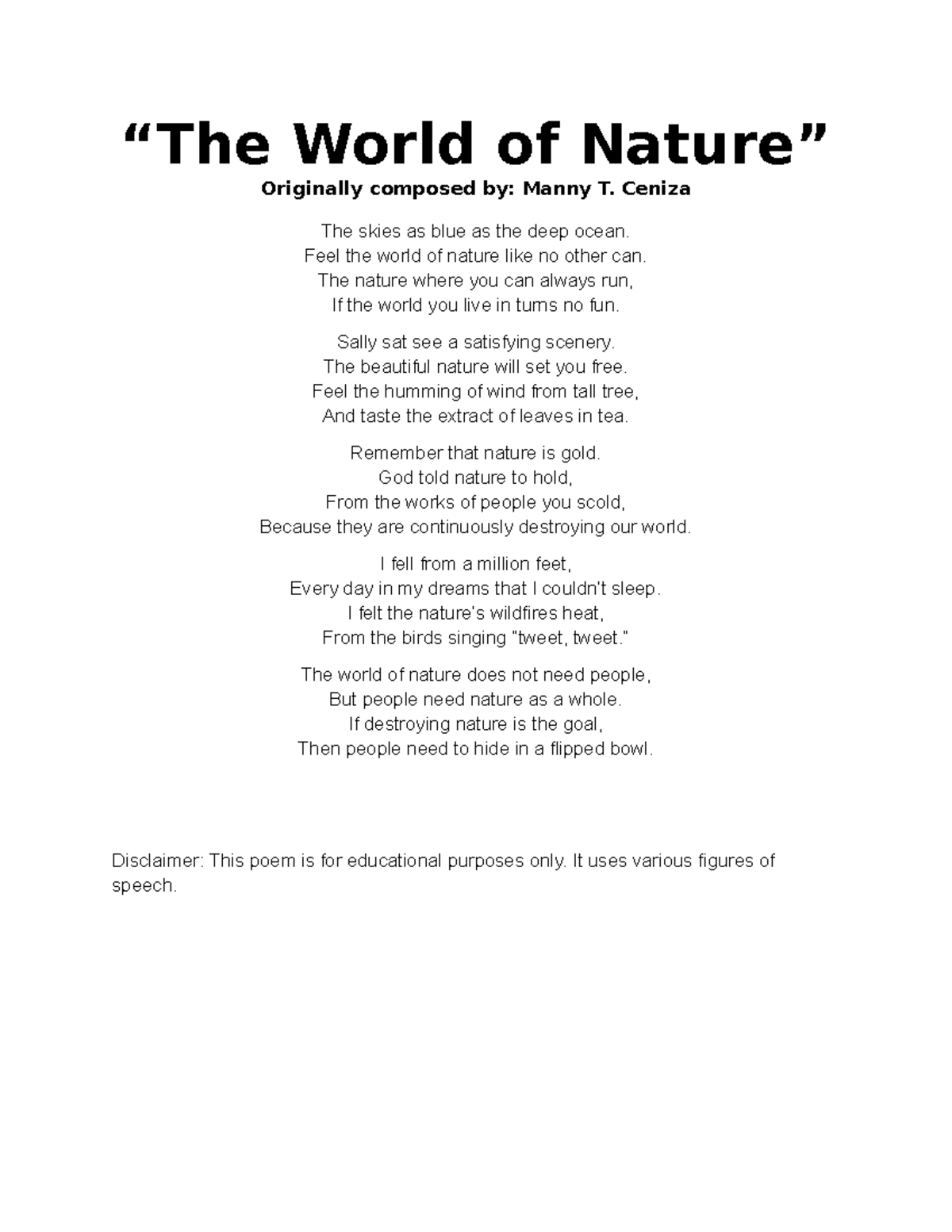 The World of Nature: A Poem Exploring Figures of Speech - Studocu