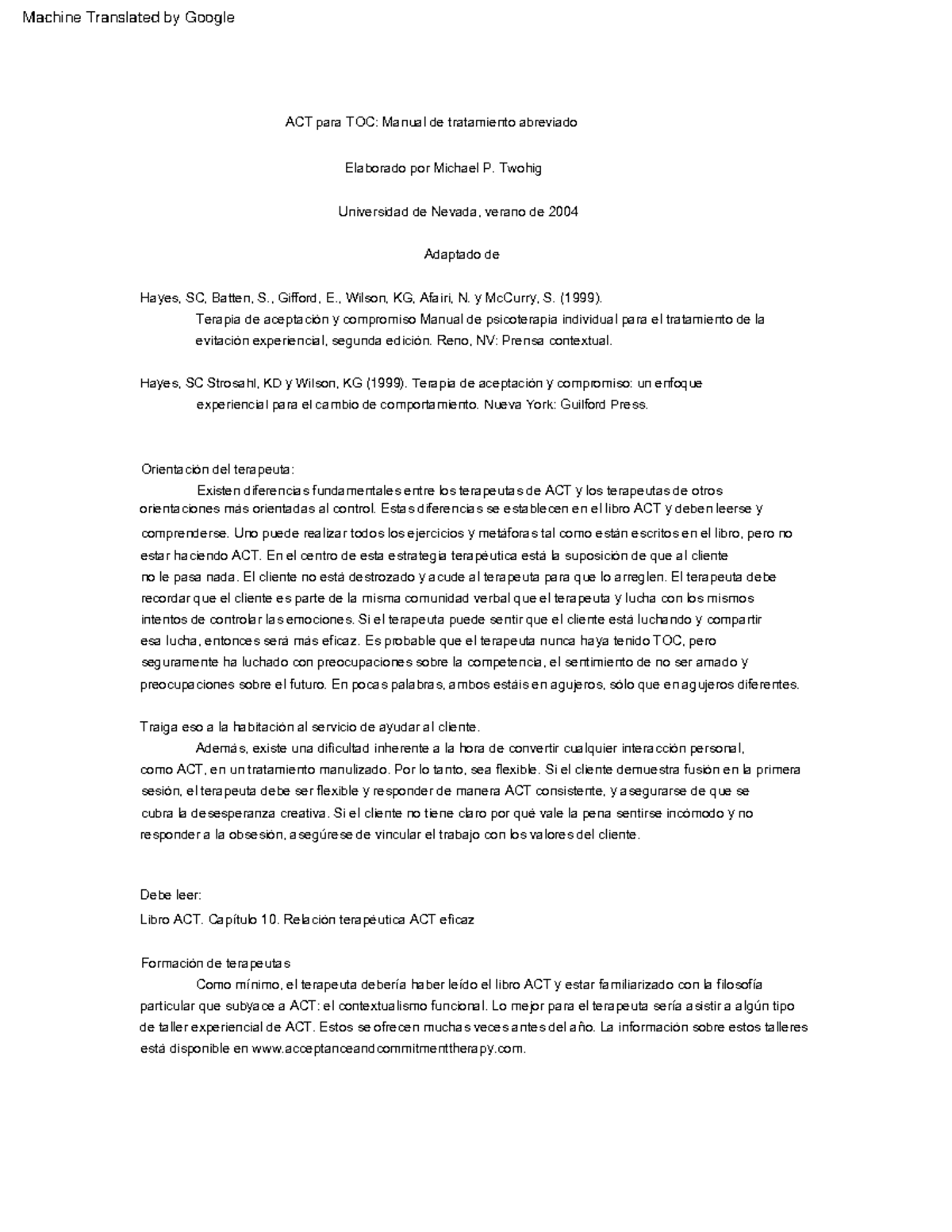 Manual de Terapia de Aceptación y Compromiso para TOC - ACT - Studocu