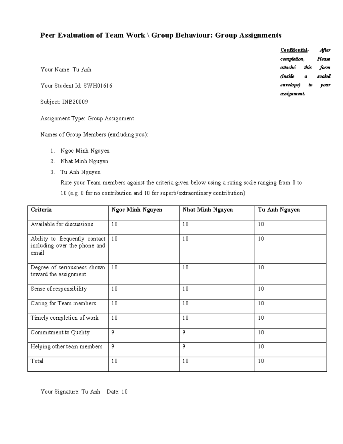 Peer Evaluation Team Work - Confidential- After completion, Please ...