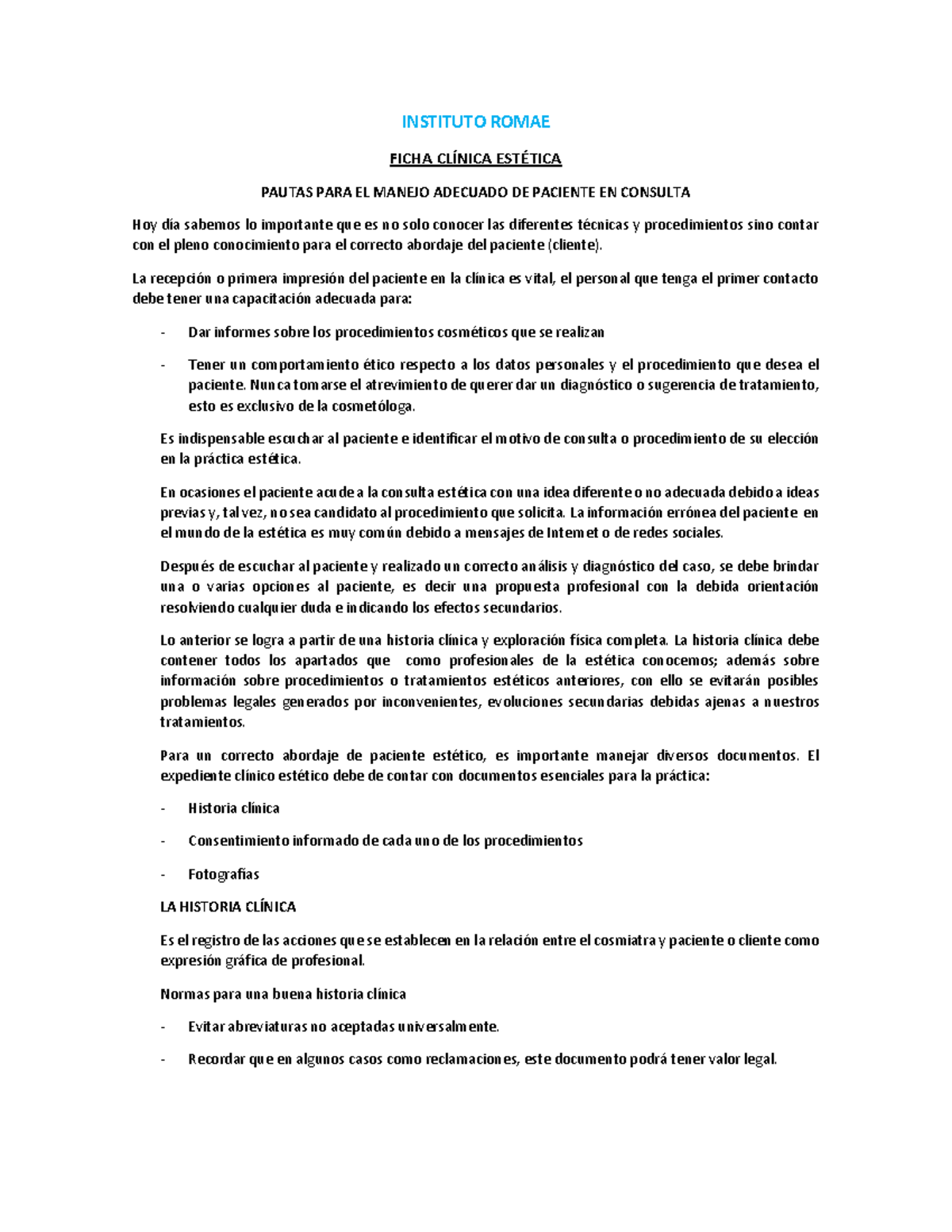 Ficha clinica alumna - Cósmiatra - INSTITUTO ROMAE FICHA CLÍNICA ...