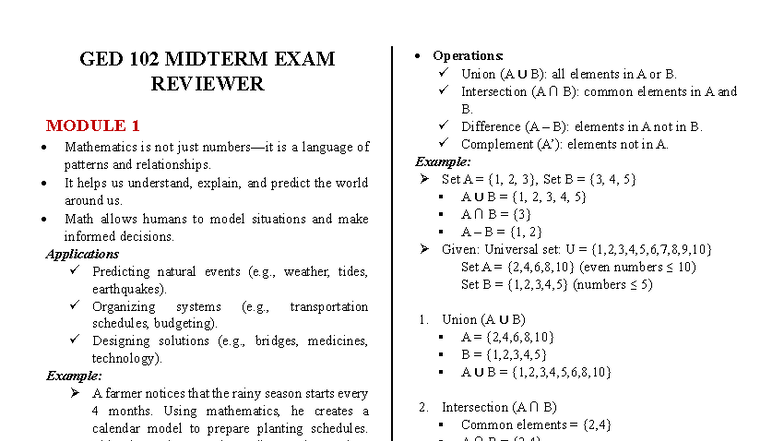 GED 102 Midterm Exam Reviewer: Mathematics Patterns & Functions - Studocu
