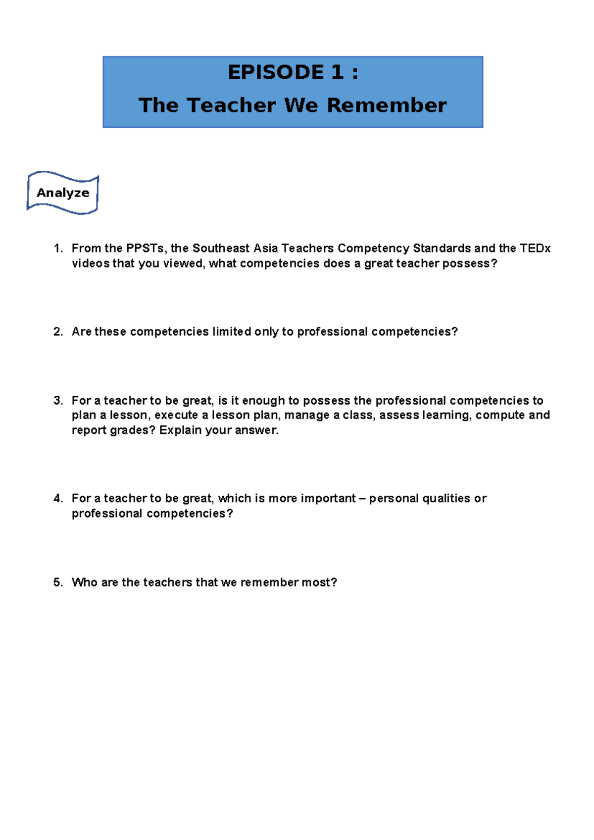 FS 2 Episode 1 - ANSWERS OF ONE ON THE ACTIVITY IN THE FIELD STUD 1 ...