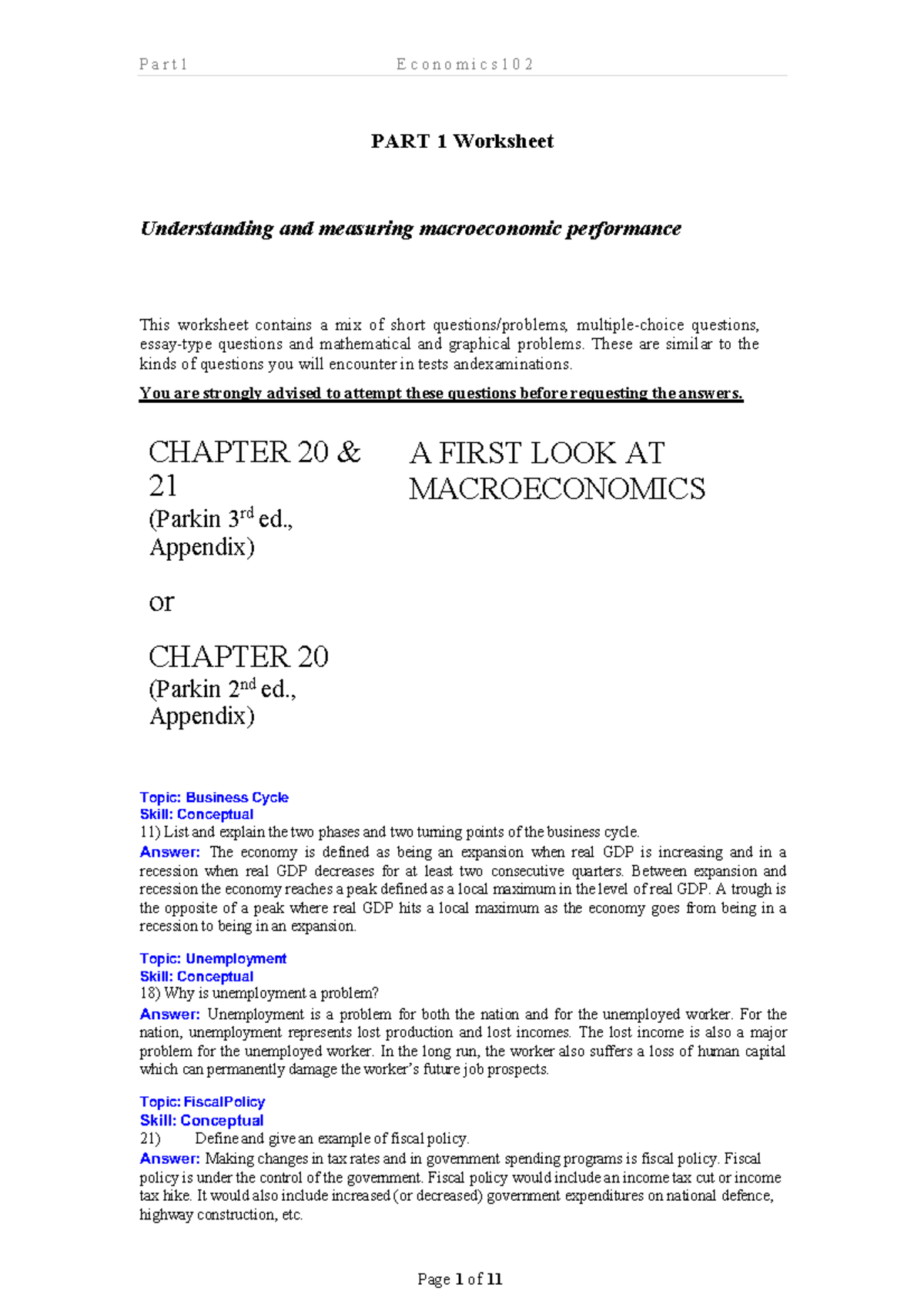 Econ102 Part 1 Exam Worksheet: Macroeconomic Concepts & Issues - Studocu