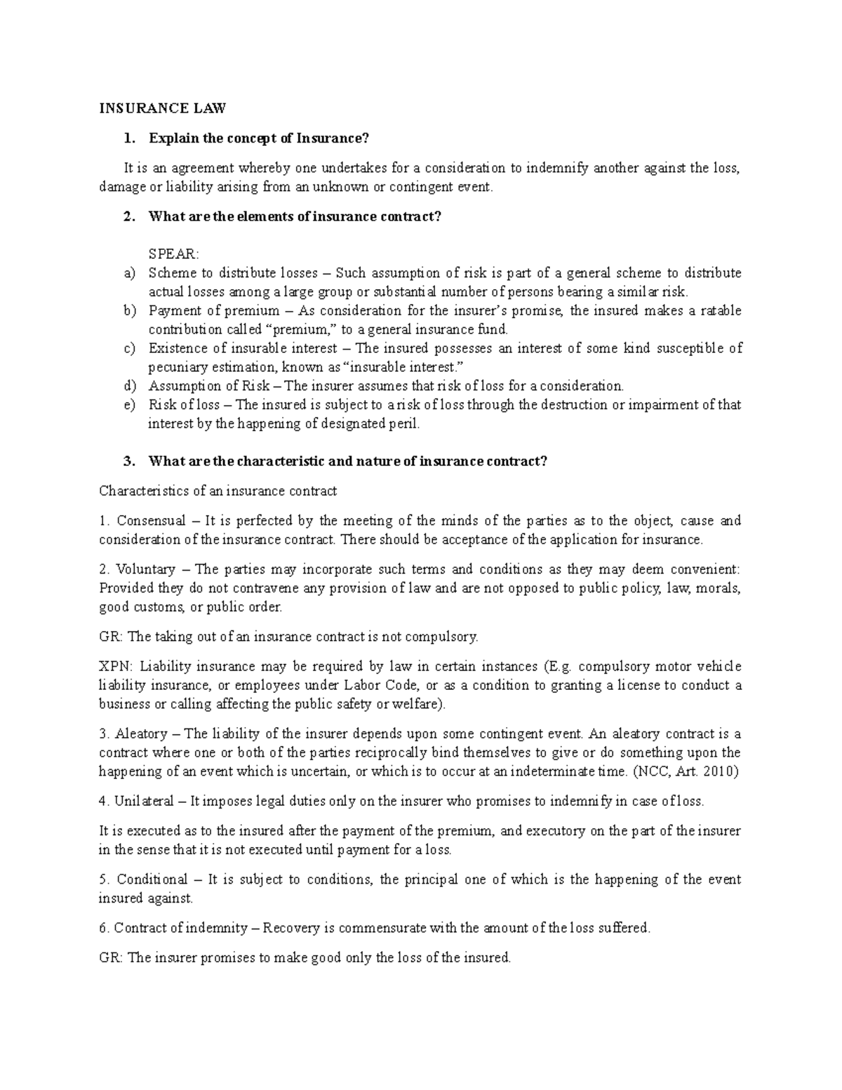 Insurance Law (LAW101) - Comprehensive Q&A Guide - Studocu