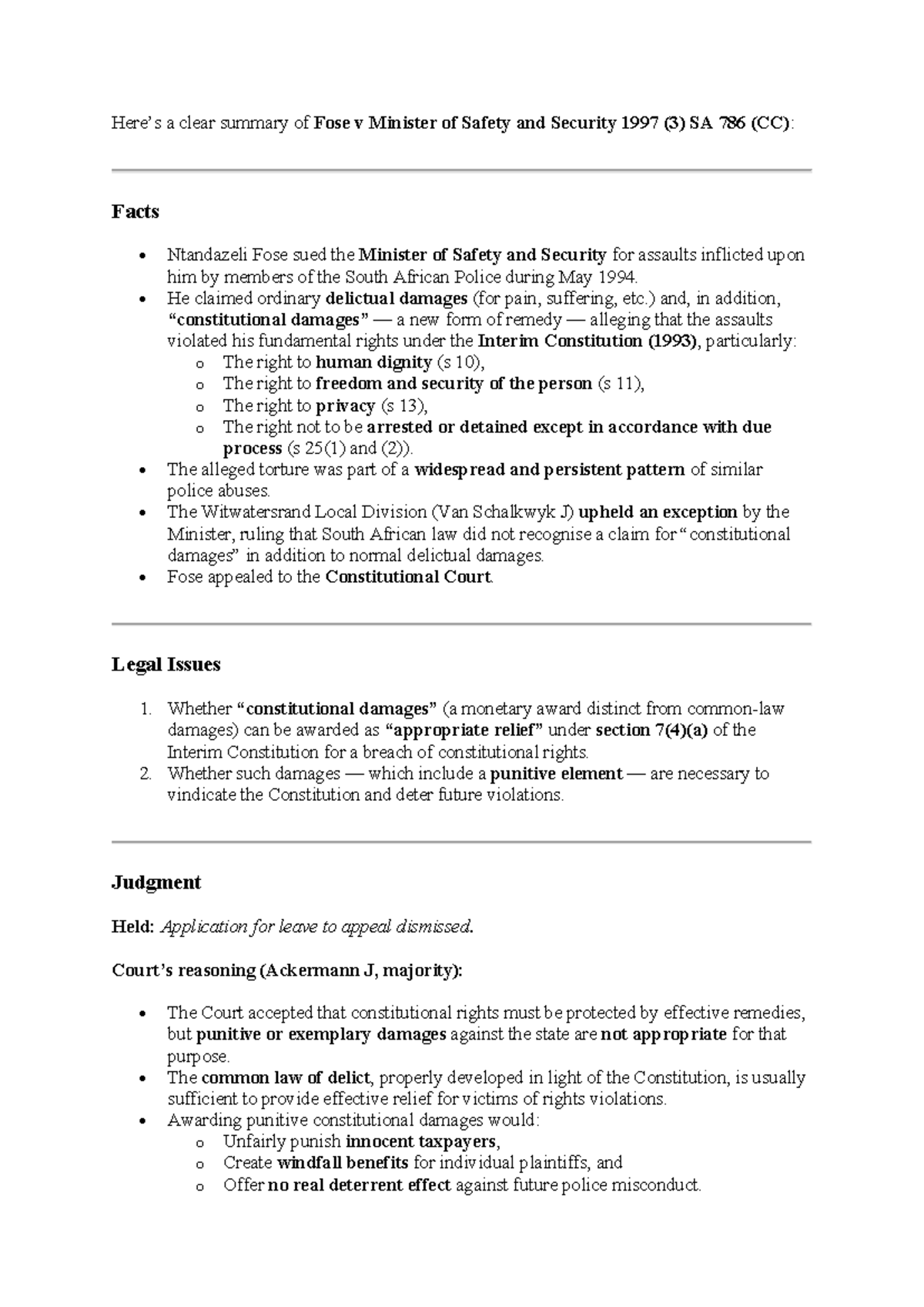 Fose v Minister of Safety and Security 1997: Case Summary & Analysis ...