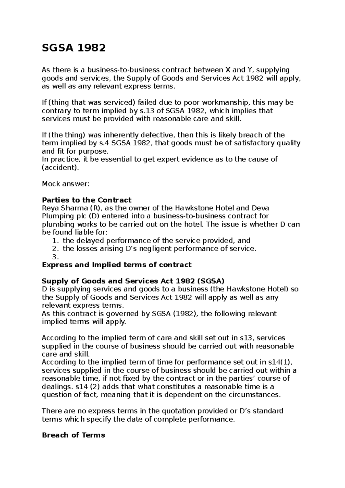 SGSA 1982: Structure and Model Answer for Contractual Liability Cases ...
