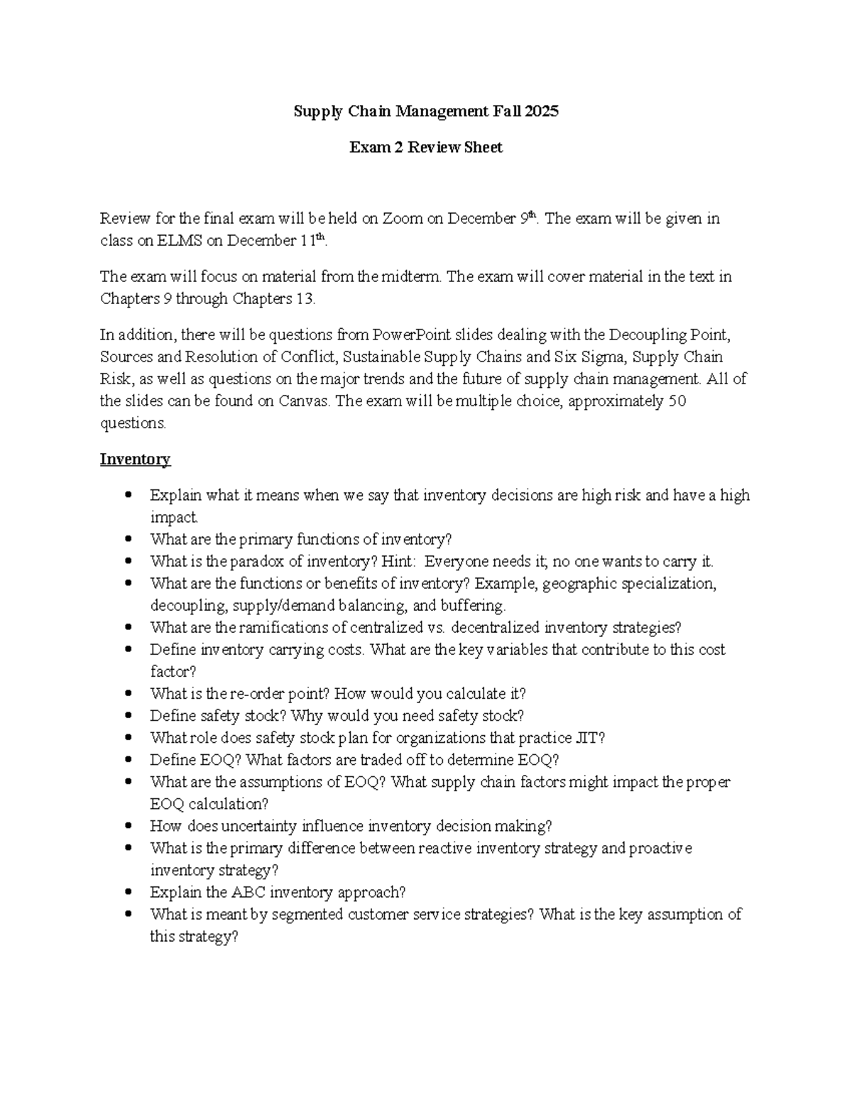 Supply Chain Management Fall 2025 Exam 2 Review Sheet - Studocu