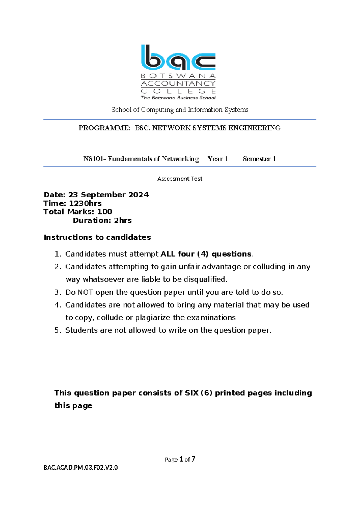 BSC.Network Systems Engineering: Fundamentals of Networking Assessment ...