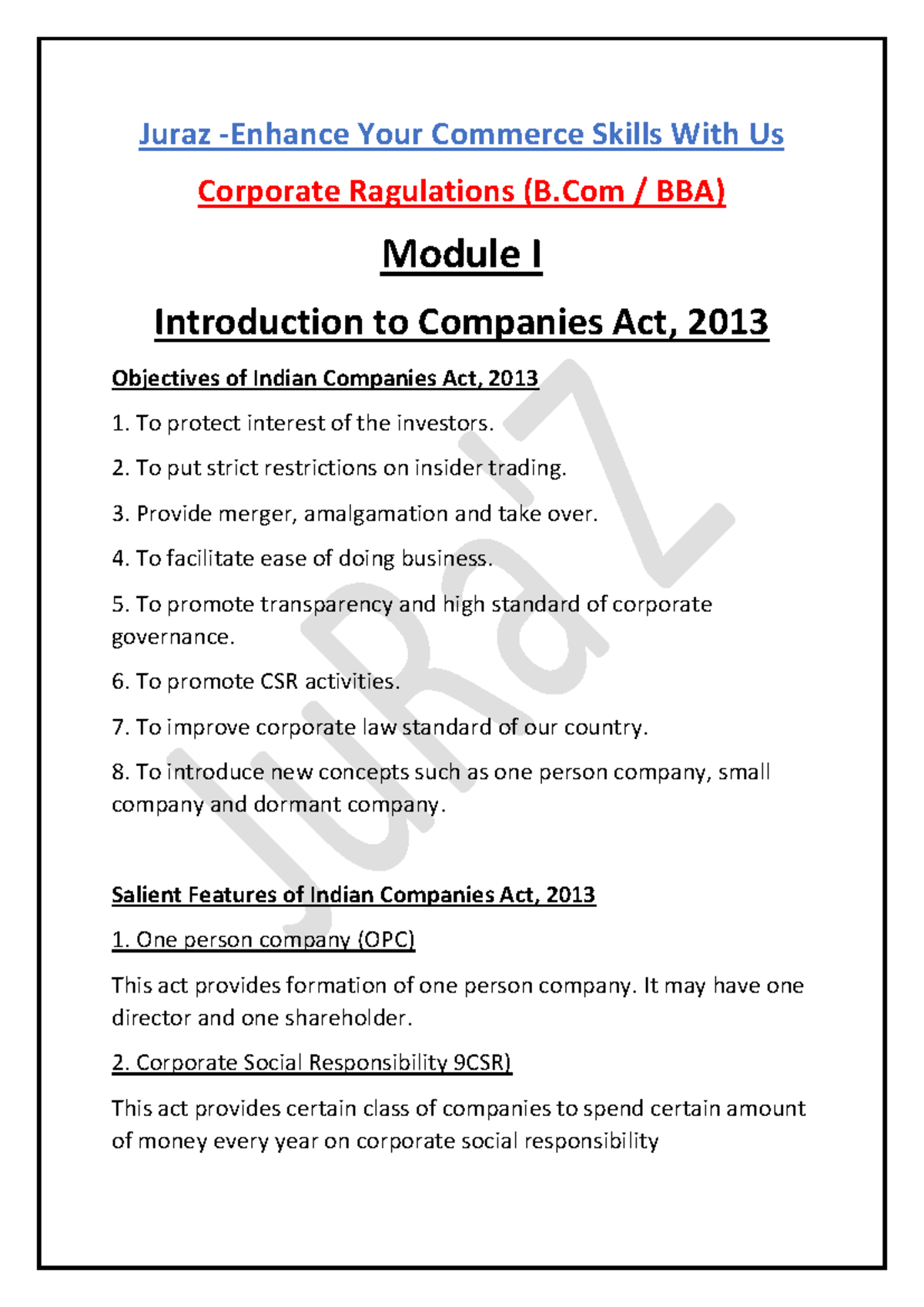 Corp Regulations-Full Short Notes-By Juraz - B.COM - Studocu