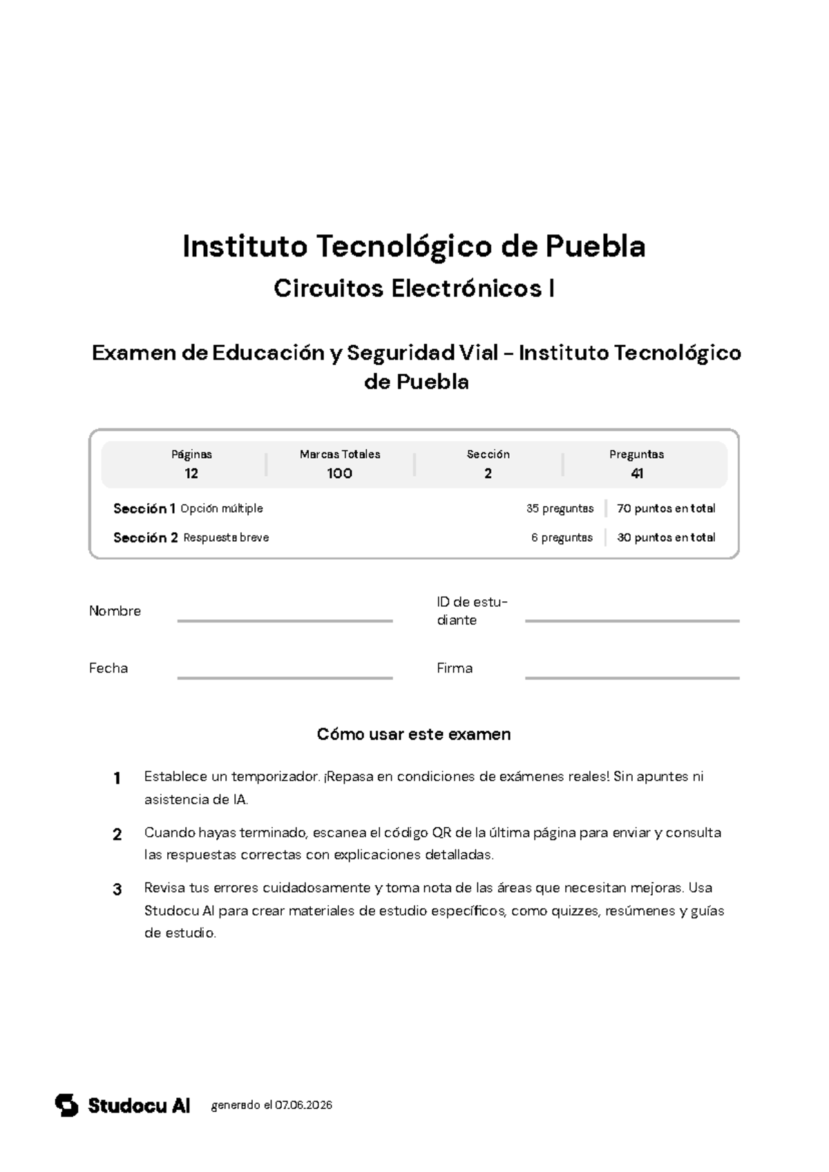 Examen de Educación y Seguridad Vial - IT Puebla - Studocu
