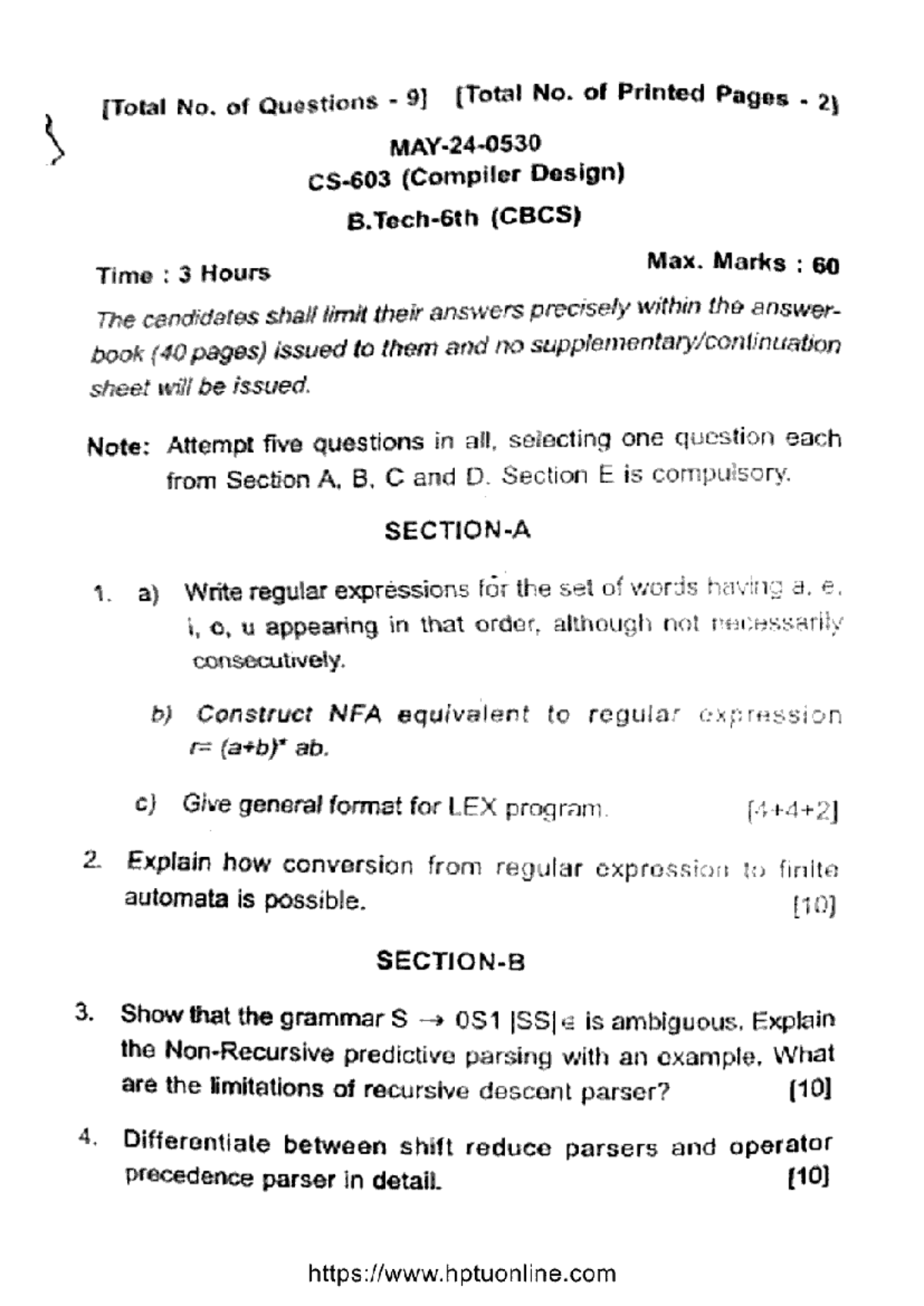 BTech CSE 6 Sem Compiler Design Exam Q&A (0530) May 2024 - Studocu