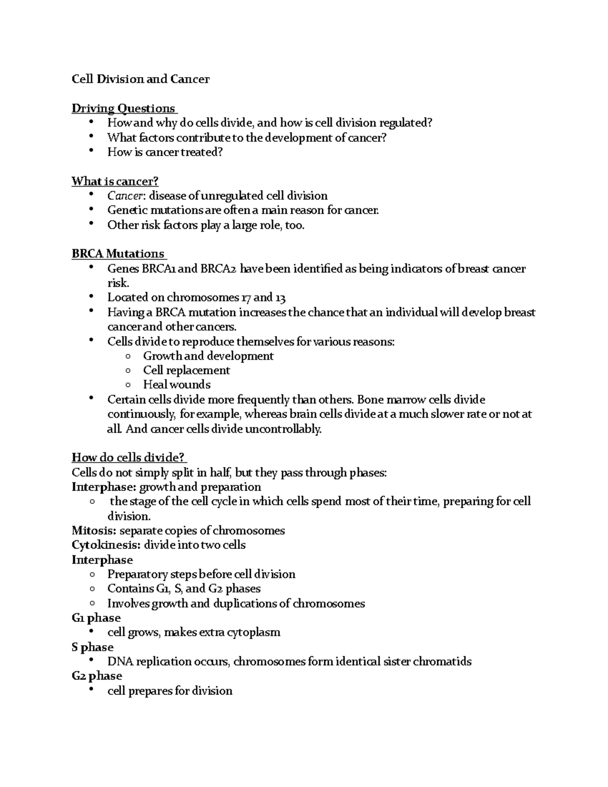 Chapter 10 bio - notes - Cell Division and Cancer Driving Questions How ...