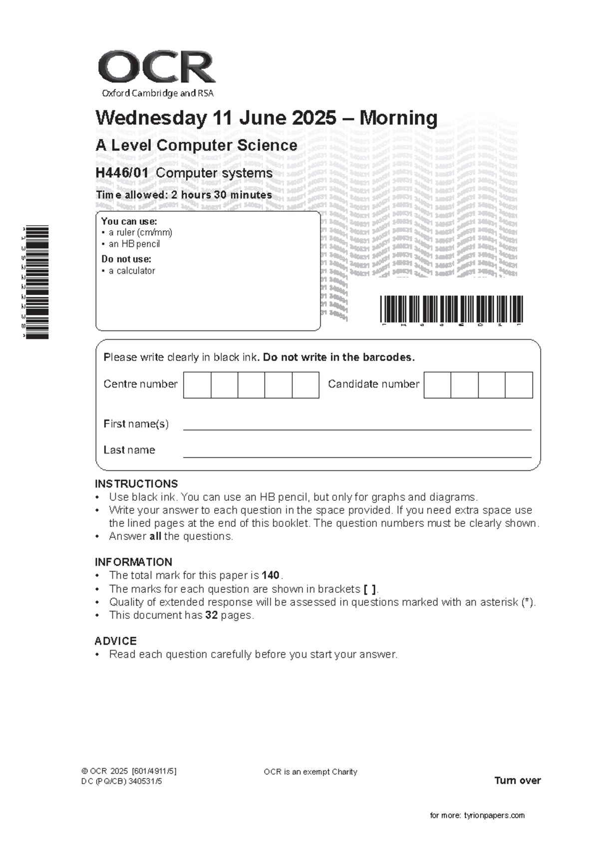OCR A Level H446/01 June 2025 Computer Science Exam Paper - Studocu