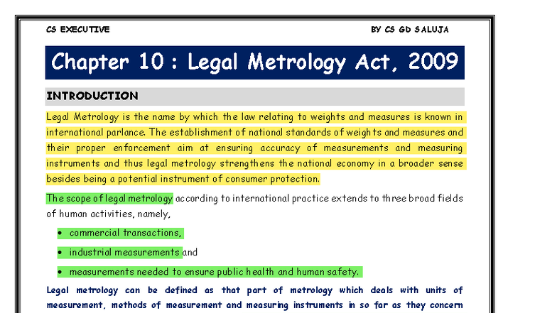 CS EXECUTIVE CS GD SALUJA Chapter 10: Overview of the Legal Metrology Act, 2009 - Studocu