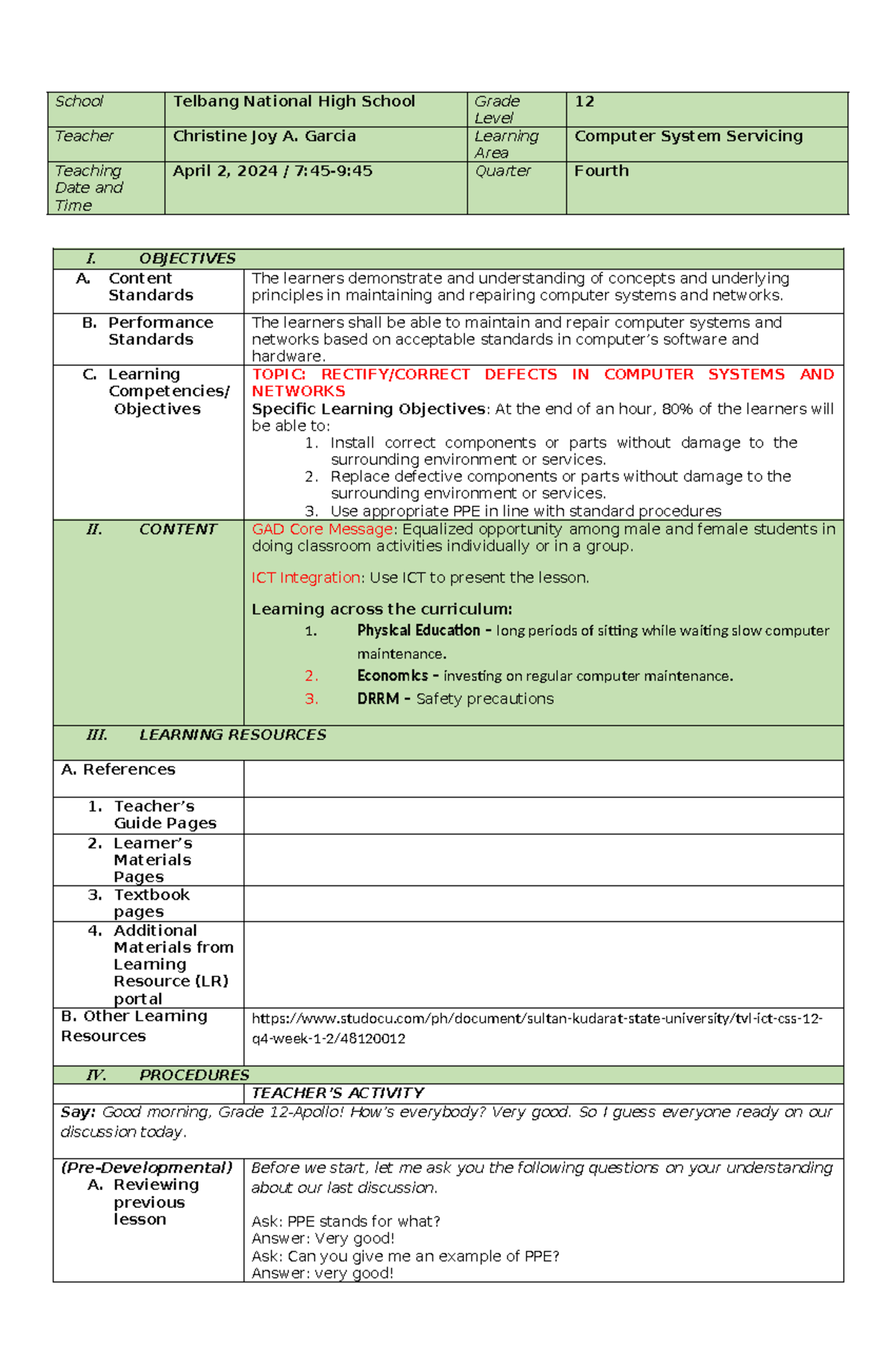 Rectifying Defects in Computer Systems & Networks - 12 CSS Lesson - Studocu
