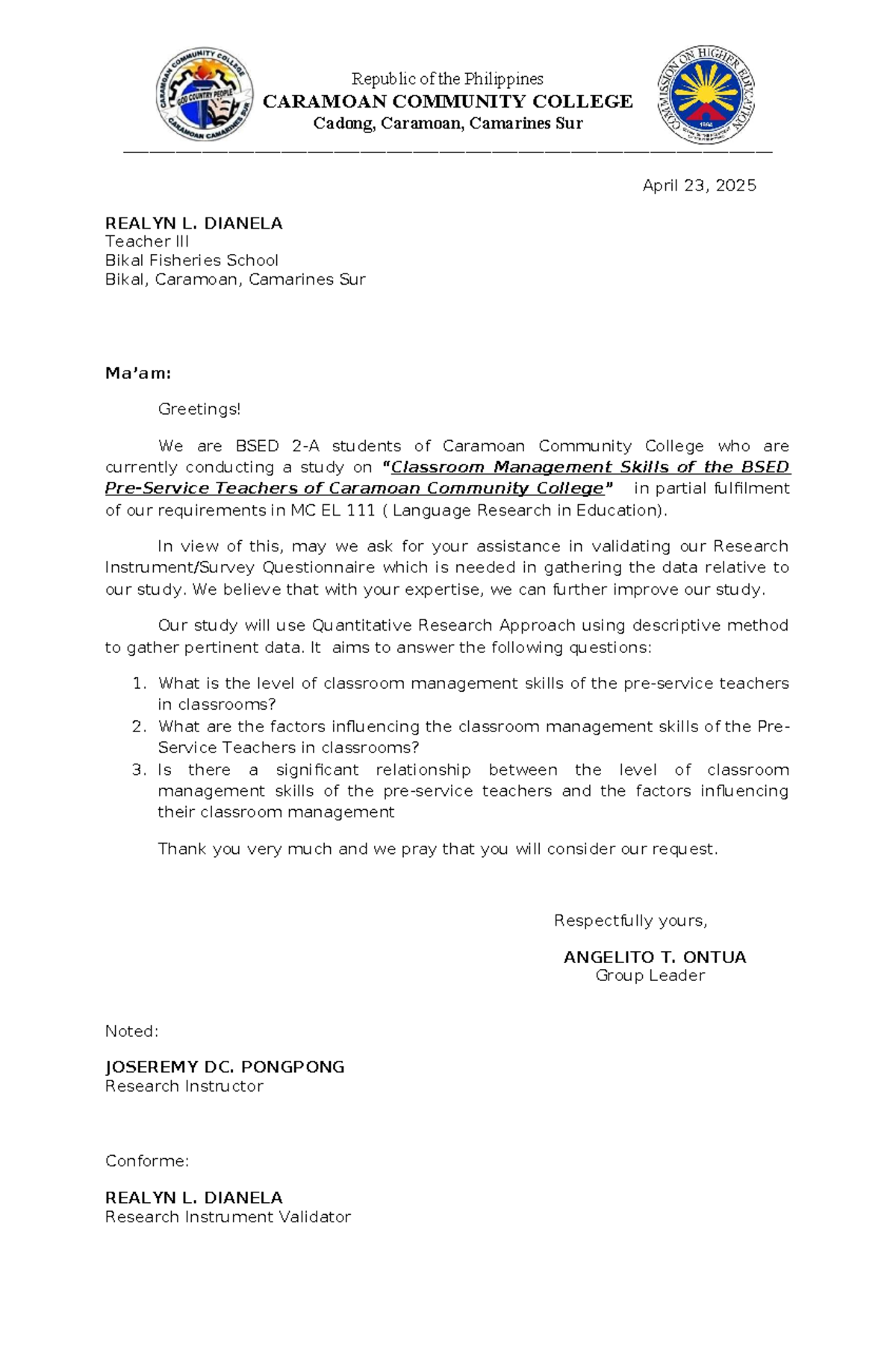 Letter to Validators for MC EL Research on BSED Teachers' Management ...