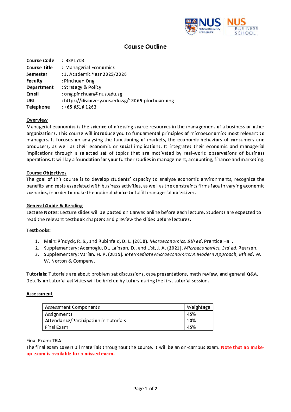 Course Outline for BSP1703: Managerial Economics Overview - Studocu