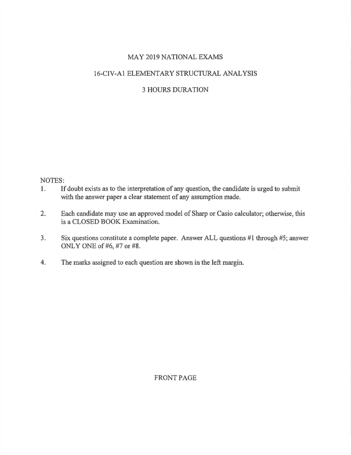 MAY 2019 EXAM SAMPLE: ELEMENTARY STRUCTURAL ANALYSIS (16-Civ-A1) - Studocu