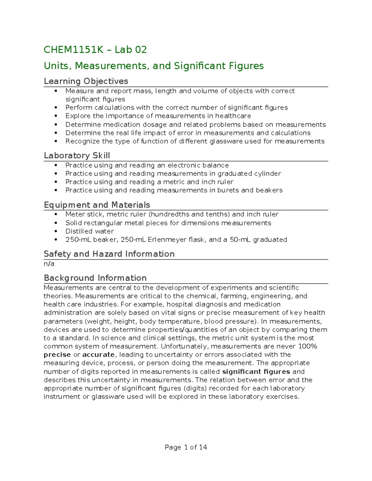 CHEM1151K – Lab 02: Units, Measurements & Significant Figures Guide ...