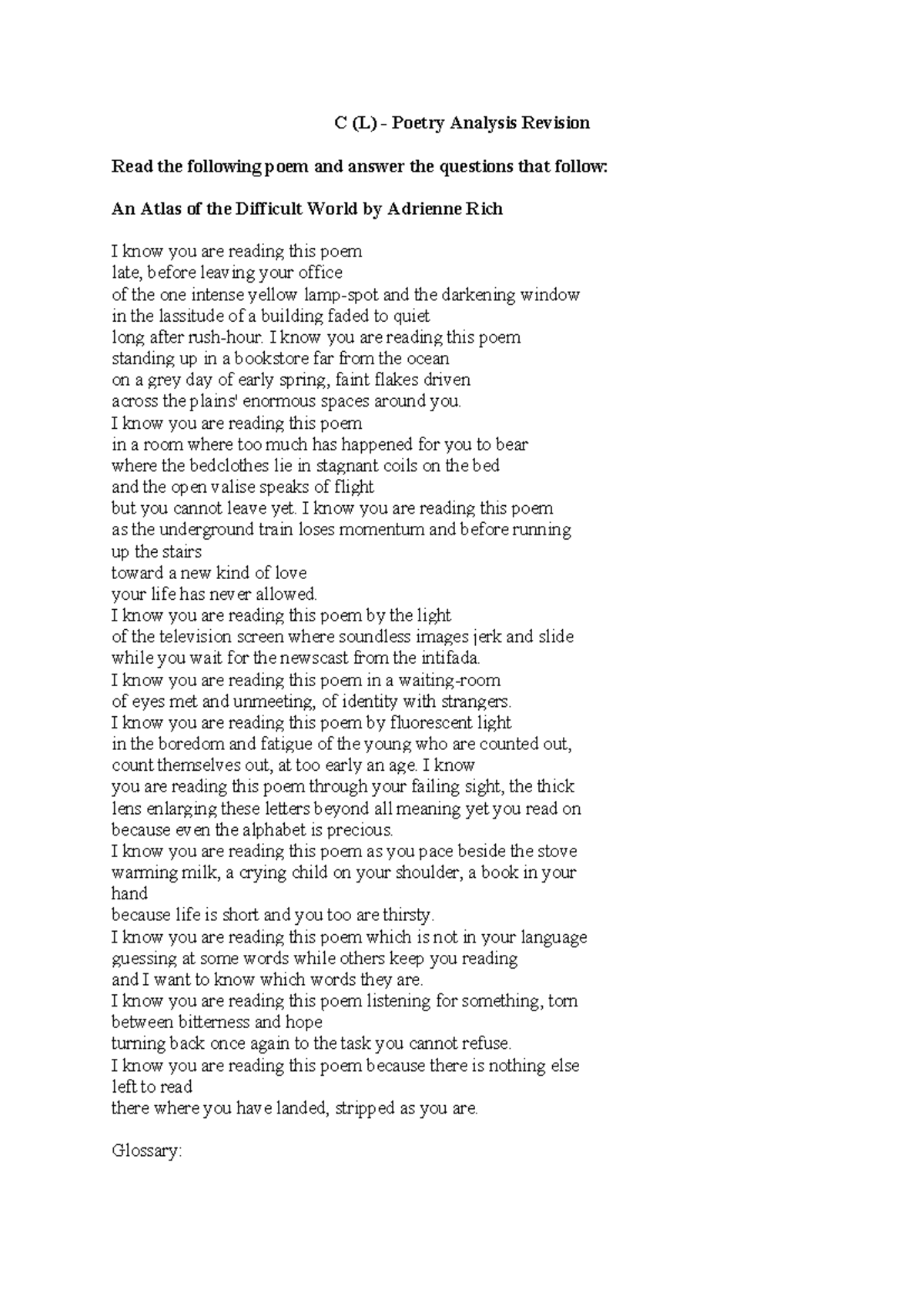 MYP Year 5 Poetry Analysis Revision Notes on Adrienne Rich's Work - Studocu