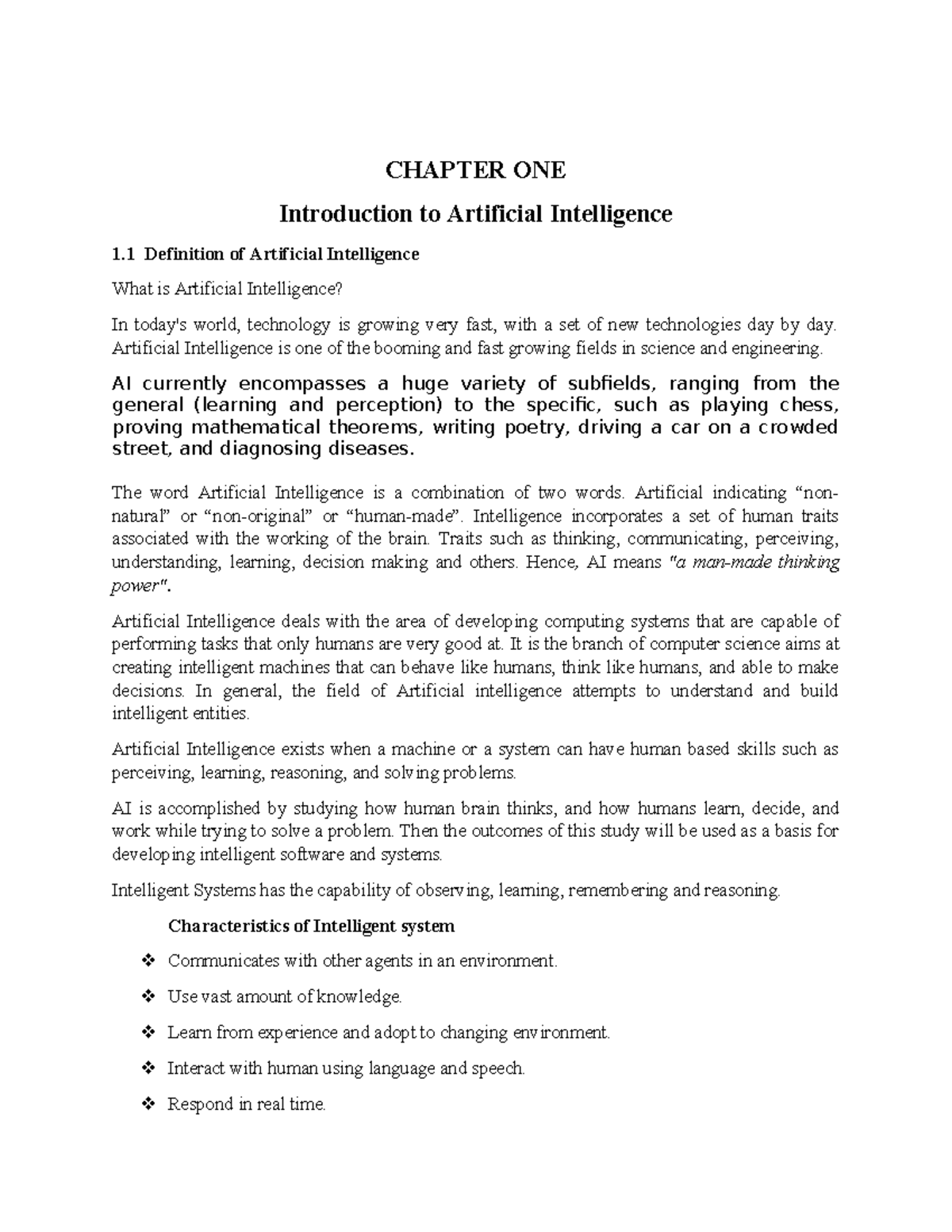 AI - Chapter 1: Introduction to Artificial Intelligence and Its ...