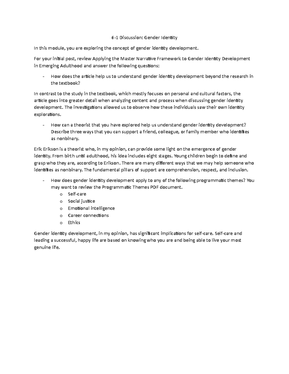 PSY 211 Discussion 6-1: Exploring Gender Identity Development - Studocu