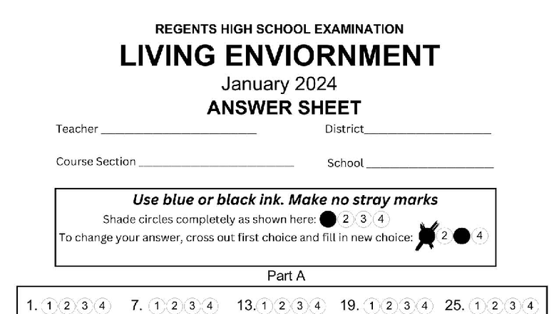 Living Environment Regents Exam Answer Sheet - Jan 2024 - Studocu