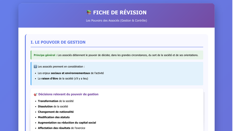 FICHE DE RÉVISION : Pouvoirs des Associés (Gestion & Contrôle) - Studocu