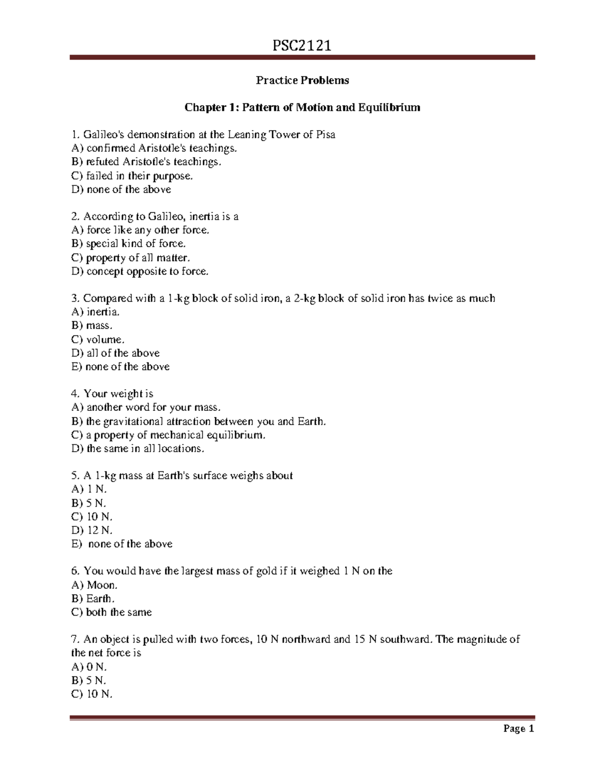 PSC2121 Practice Problems: Motion & Equilibrium Concepts - Studocu