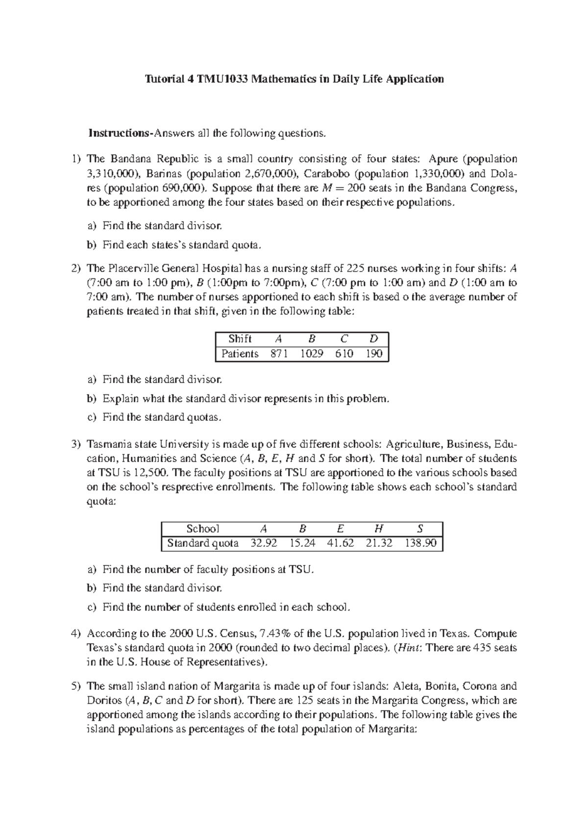 Tutorial 4 q - Full questions - Tutorial 4 TMU1033 Mathematics in Daily Life Application - Studocu