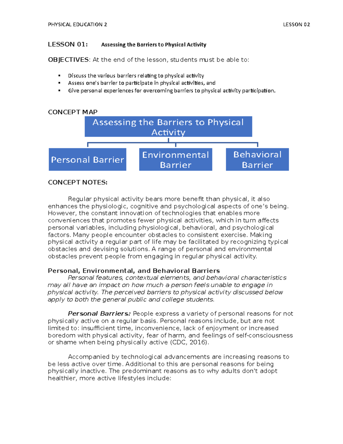 Module 02 Lesson 01: Barriers to Physical Activity Assessment - Studocu