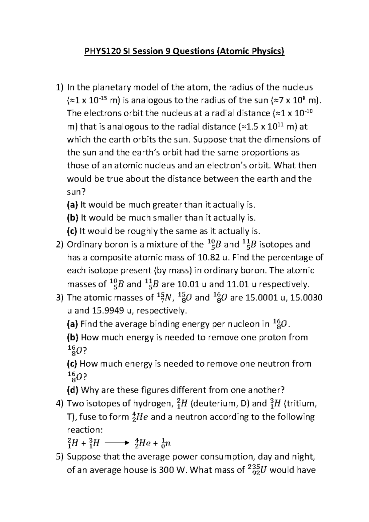 PHYS120 SI Session 9: Atomic Physics Questions and Concepts - Studocu