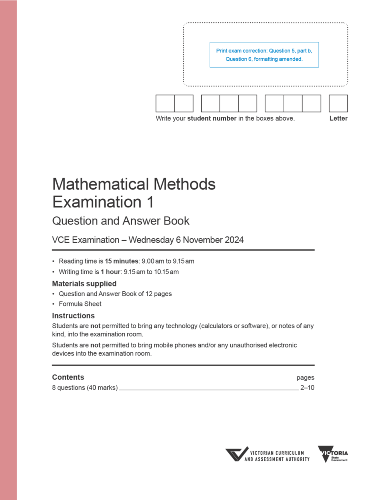 2024 VCE Mathematical Methods Exam 1 Corrections and Notes - Studocu